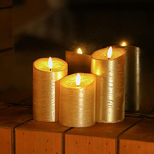 COVEGE Flickering Flameless Candles with Timer, Remote Control Candles Set of 3, LED Battery Operated Candles for Christmas Home Decoration, Gold