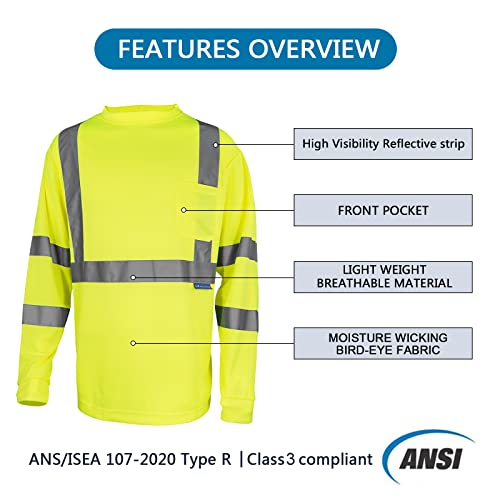 LX Reflective Safety Long Sleeve Shirt - High Visibility, Fast Dry Mesh, Unisex, Yellow, For Work & Outdoor Activities, Class 3