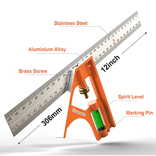 Mecurate 12“ Combination Square, 12 Inch 300mm Stainless Steel Combo Square for Accurate and Adjustable Woodworking Measurement with 2pcs Carpentery Pencils (12 inch)