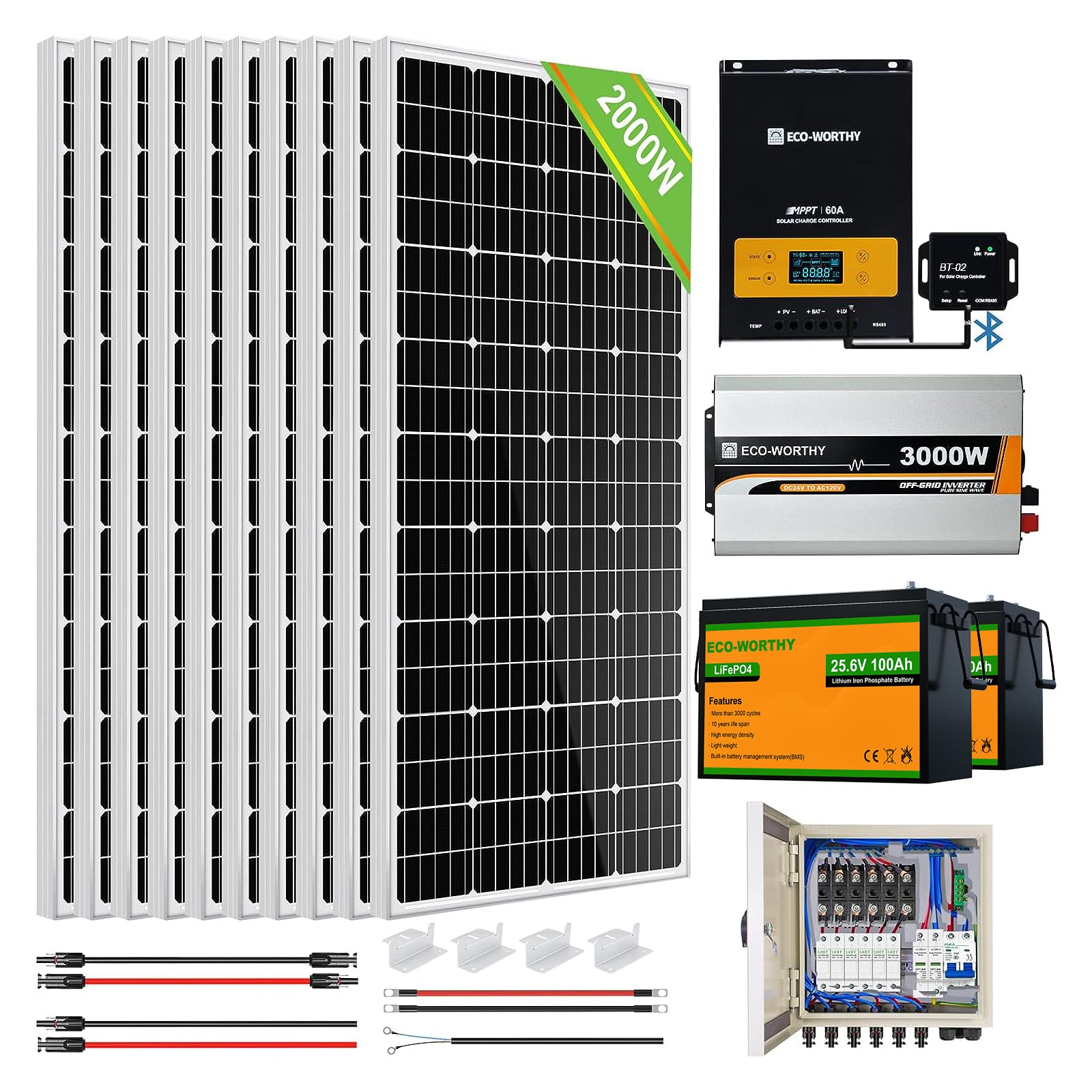 ECO-WORTHY 8KWh 2000W 24V MPPT Solar Power Kit System for Home: 10pcs 195W Solar Panel+ 2pcs 25.6V 100Ah Lithium Battery+ 60A MPPT Controller+ 3000W 24V Pure Sine Wave Inverter+ 6 String Combiner Box