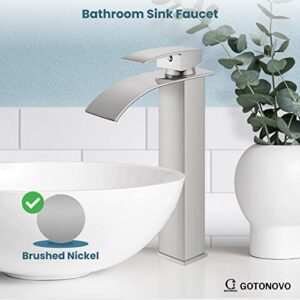 gotonovo Waterfall Bathroom Faucet,Single Handle Bathroom Faucets for 1 Hole Sink,Vessel Bathroom Sink Faucet Stainless Steel Mixer Tap Wash Basin Faucet,No Drain,Brushed Nickel