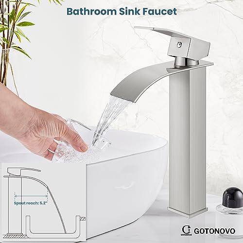 gotonovo Waterfall Bathroom Faucet,Single Handle Bathroom Faucets for 1 Hole Sink,Vessel Bathroom Sink Faucet Stainless Steel Mixer Tap Wash Basin Faucet,No Drain,Brushed Nickel