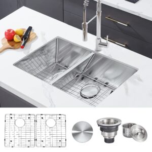 cityle 32 inch undermount kitchen sink, stainless steel sink handmade 50/50 double basin with bottom grid and basket strainer drain for bar prep kitchen(32'' x 18'' x 9'')