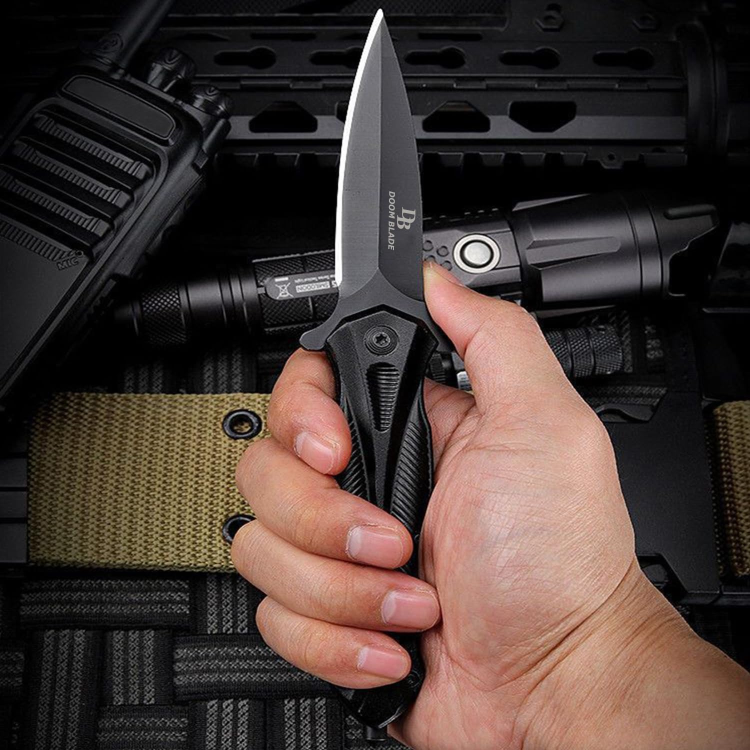 DOOM BLADE EDC Spring Assist Folding Pocket knife,Glass Breaker, Cool Knives for Outdoor Camping - Military Style - Tactical Knife with Liner Lock