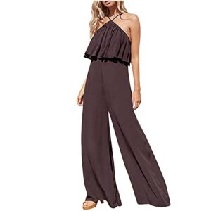 bravetoshop women's sleeveless suspender jumpsuit halter neck ruffle hem overalls summer boho wide leg romper (black,l)