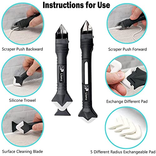 Lionz 3 in 1 Silicone Caulking Tool Stainless Steel Head, Sealant Finishing Tool Caulk Remover Sealant and Grout Scraper, Suitable for Kitchen, Bathroom Windows, Sink Connections, Floors, DIY.