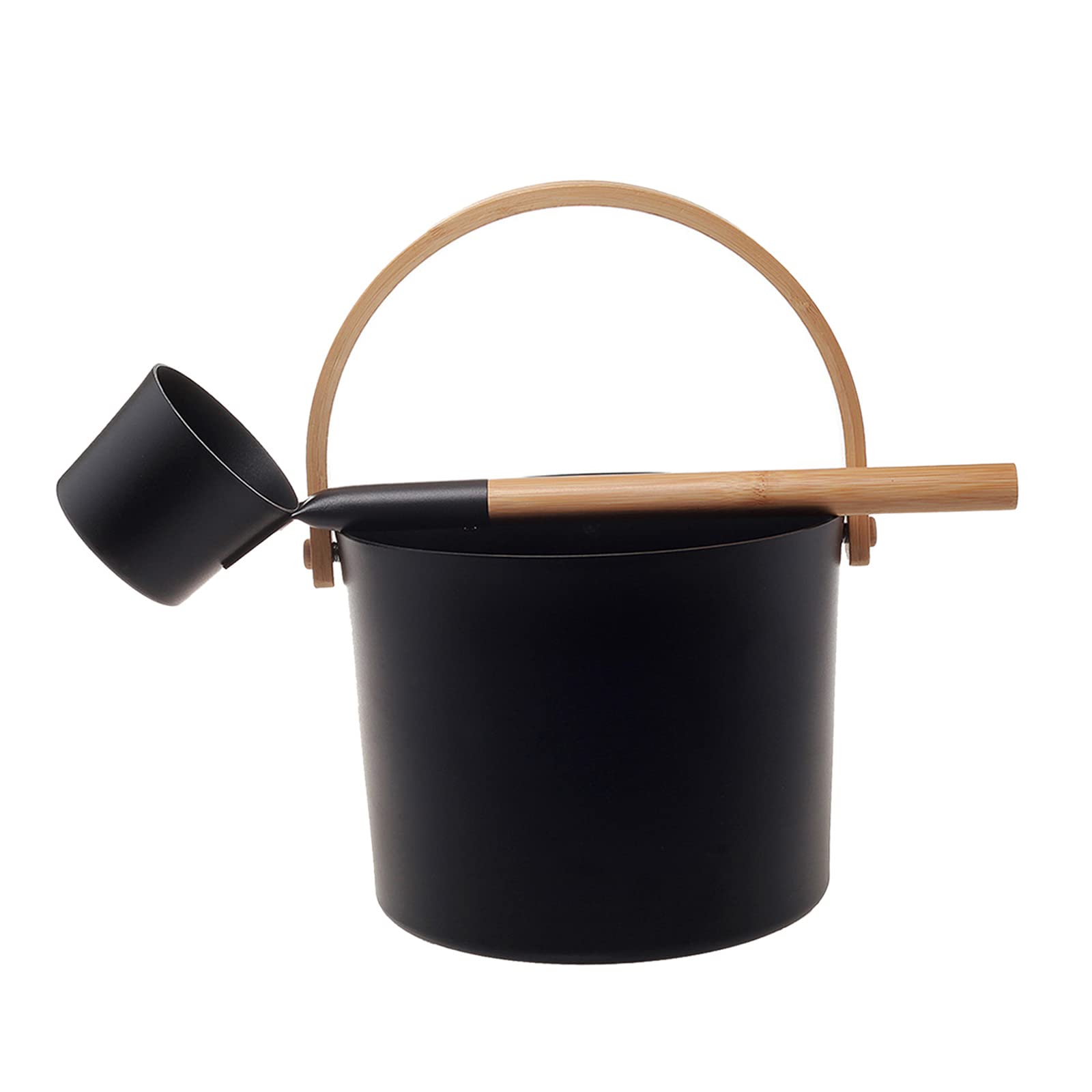 Prettyia 5L Aluminum Sauna Bucket and Ladle Kit with Wooden Handle SPA Bath Accessory - 5L Black_Style C