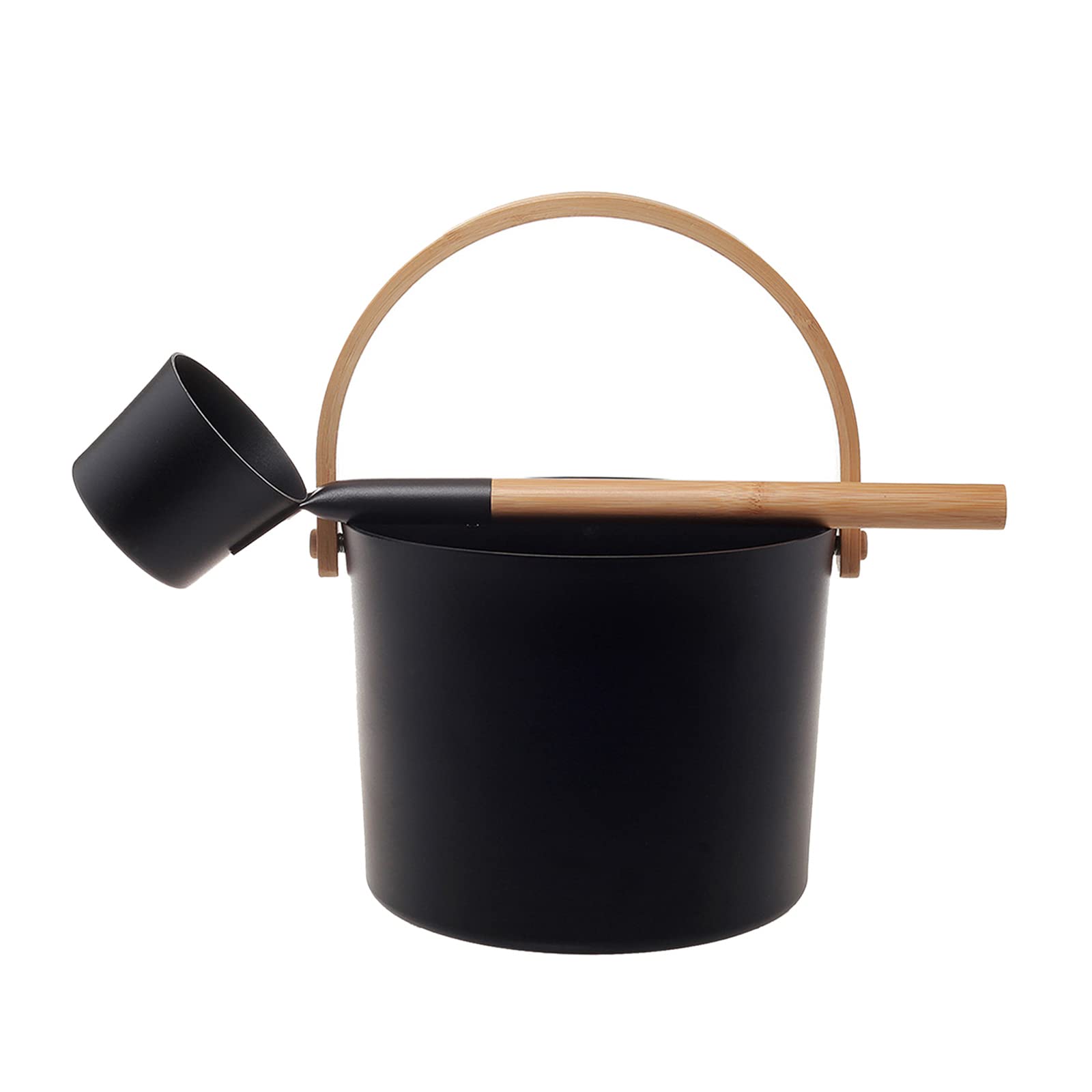 Prettyia 5L Aluminum Sauna Bucket and Ladle Kit with Wooden Handle SPA Bath Accessory - 5L Black_Style C