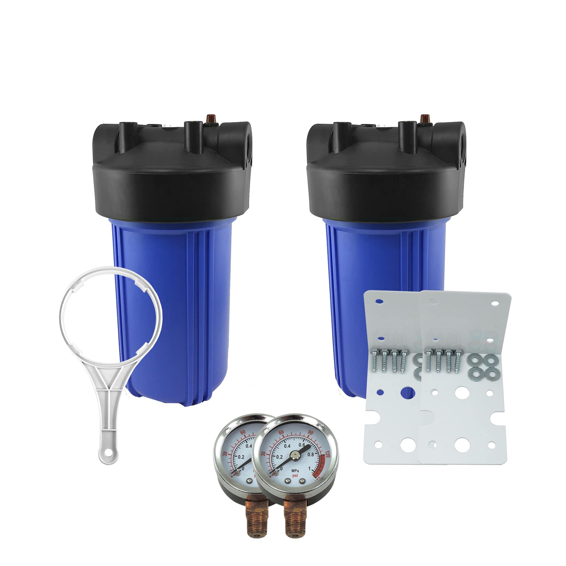 2 Pack 10" BB Blue Whole House Water System Filter Housing 1" NPT Brass Ports w/Pressure Release, 2 Pressure Gauges, Wrench and 2 Brackets