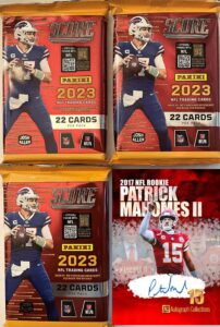 new 2023 panini score football cards (3) three factory sealed packs w/ 22 cards per pack - 66 cards - plus novelty mahomes card pictured