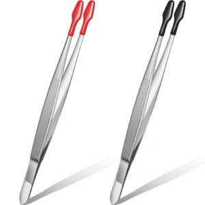 lasnten 2 pieces rubber tipped tweezers forceps silicone coated soft tweezers rubber tip steel forceps non marring flat tip lab industrial hobby craft tweezers tools, black and red tip, 5.91 inch