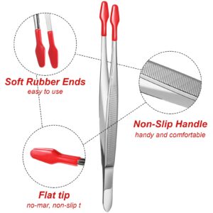 Lasnten 2 Pieces Rubber Tipped Tweezers Forceps Silicone Coated Soft Tweezers Rubber Tip Steel Forceps Non Marring Flat Tip Lab Industrial Hobby Craft Tweezers Tools, Black and Red Tip, 5.91 Inch