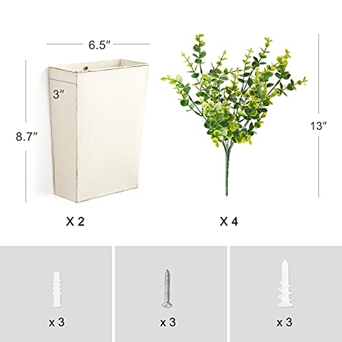 Dahey 2 Packs Metal Wall Planter with Artificial Plants, Farmhouse Wall Decor Hanging Wall Vase Boxs Galvanized Flowers Holder for Country Rustic Home Wall Decor, White