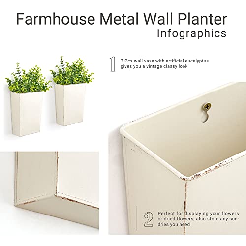 Dahey 2 Packs Metal Wall Planter with Artificial Plants, Farmhouse Wall Decor Hanging Wall Vase Boxs Galvanized Flowers Holder for Country Rustic Home Wall Decor, White