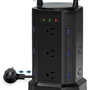 Power Strip Surge Protector Tower 2100J, SUPERDANNY Extension Cord with Multiple Outlets, 12 AC 6 USB Charging Station, Handle Cord Retracting, 6.5ft Overload Protection for Garage, Workbench, Black