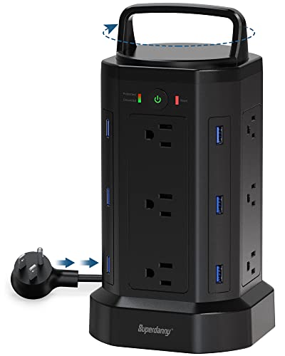 Power Strip Surge Protector Tower 2100J, SUPERDANNY Extension Cord with Multiple Outlets, 12 AC 6 USB Charging Station, Handle Cord Retracting, 6.5ft Overload Protection for Garage, Workbench, Black