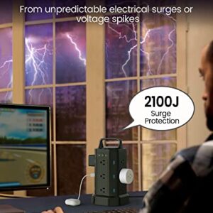 Power Strip Surge Protector Tower 2100J, SUPERDANNY Extension Cord with Multiple Outlets, 12 AC 6 USB Charging Station, Handle Cord Retracting, 6.5ft Overload Protection for Garage, Workbench, Black