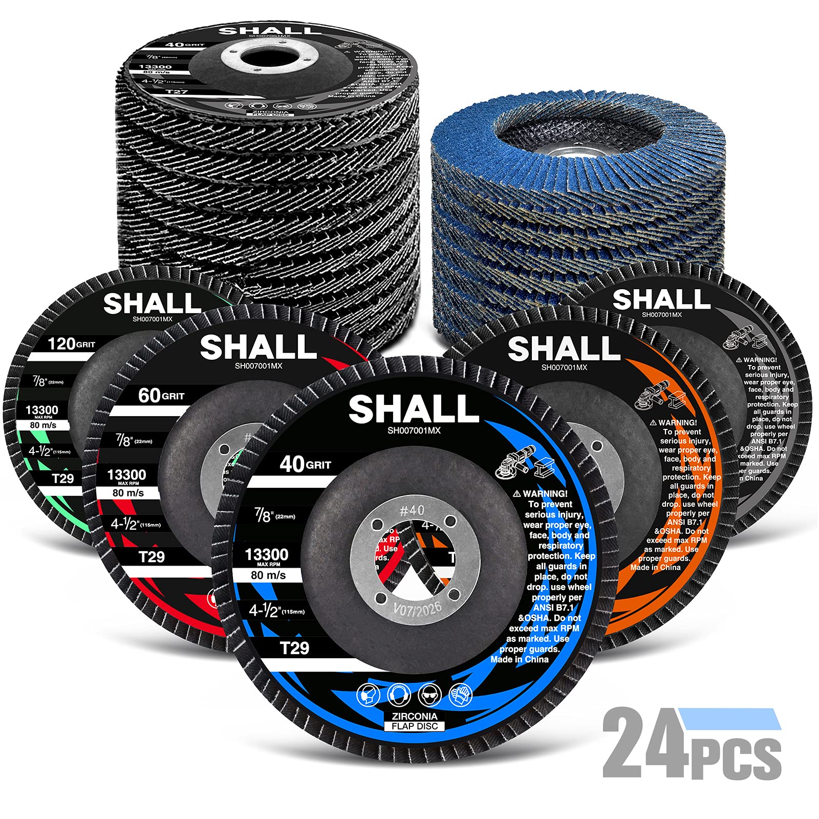 SHALL 24-Pack Flap Disc, 4-1/2" x 7/8", Zirconia Grinding Wheel 40/60/80/120 Grit T29 & 40 Grit T27 Angle Grinder Abrasive Sanding Disc with Etched Grit Number Indication, 80pcs Emery Cloth Per Disc