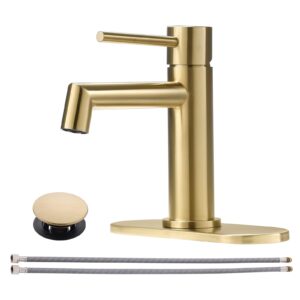 brushed gold bathroom faucet with plastic pop up drain, 6.25'' metal escutcheon and supply lines, single handle stainless basin mixer tap, modern bathroom sink faucet for 1 or 3 hole vanity sink