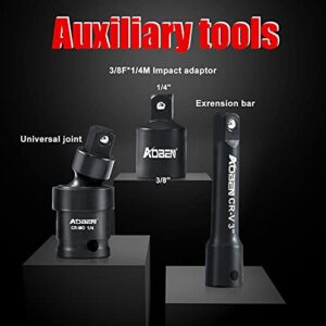 AOBEN 1/4-Inch Drive Impact Socket Set, 54 Pieces, 6 Point, SAE/Metric, (5/32" - 9/16" ，4mm -15mm)，Deep/Shallow, Cr-V Steel, Includes Extension bars and Socket Adapter