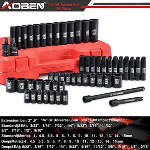 AOBEN 1/4-Inch Drive Impact Socket Set, 54 Pieces, 6 Point, SAE/Metric, (5/32" - 9/16" ，4mm -15mm)，Deep/Shallow, Cr-V Steel, Includes Extension bars and Socket Adapter