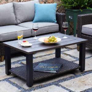 Grand patio Outdoor Coffee Table 40In Aluminum Steel Side Table Modern Rectangle Fits with Conversation Set All-Weather Resin Wicker Storage Shelf Wood Grain Finish Tabletop