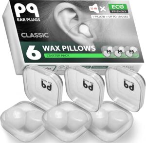 pq wax ear plugs for sleep - 6 silicone wax earplugs for sleeping and swimming - gel ear plugs for noise cancelling, wax plugs protect ears while sleeping with sound blocking 32 db (6-pillows), white