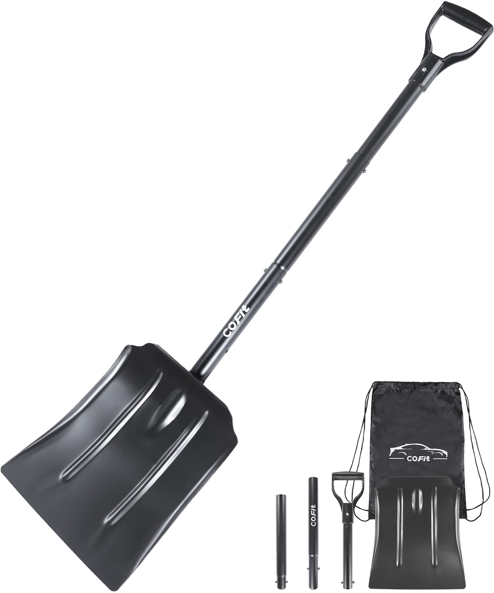 COFIT 47" Retractable Snow Shovel, Bigger Shovel Spade Aluminium Alloy Snow Sand Mud Removal Tool for Car Outdoor Camping and Garden, Detachable Four-Piece Construction, Black