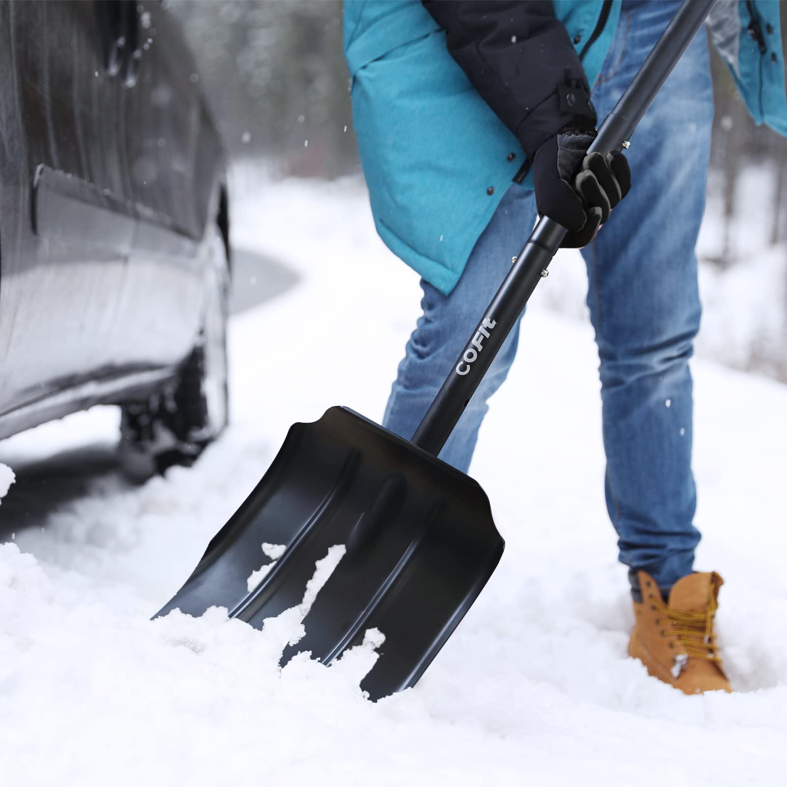 COFIT 47" Retractable Snow Shovel, Bigger Shovel Spade Aluminium Alloy Snow Sand Mud Removal Tool for Car Outdoor Camping and Garden, Detachable Four-Piece Construction, Black