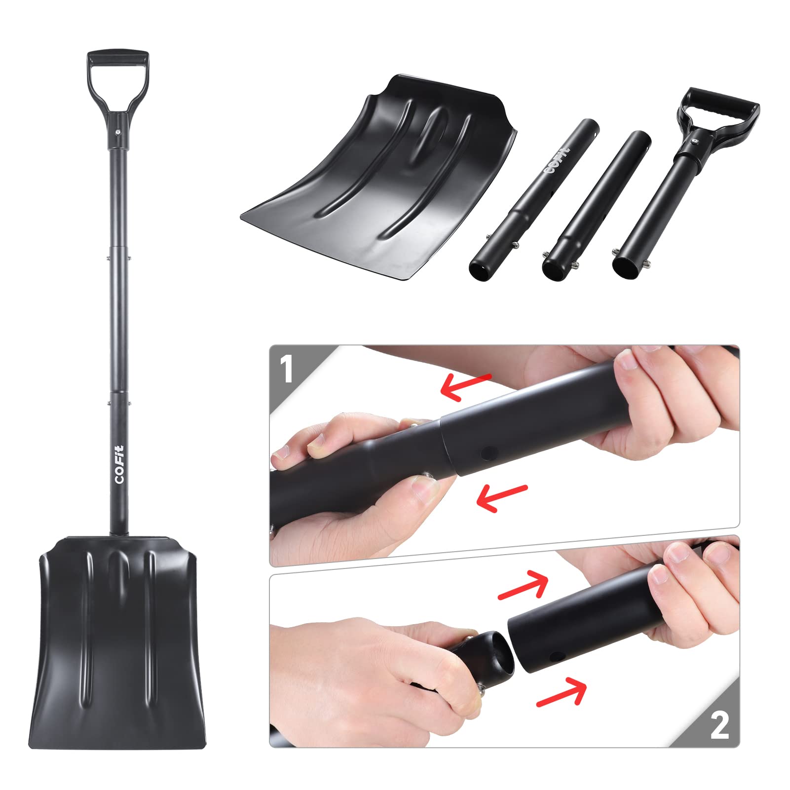 COFIT 47" Retractable Snow Shovel, Bigger Shovel Spade Aluminium Alloy Snow Sand Mud Removal Tool for Car Outdoor Camping and Garden, Detachable Four-Piece Construction, Black