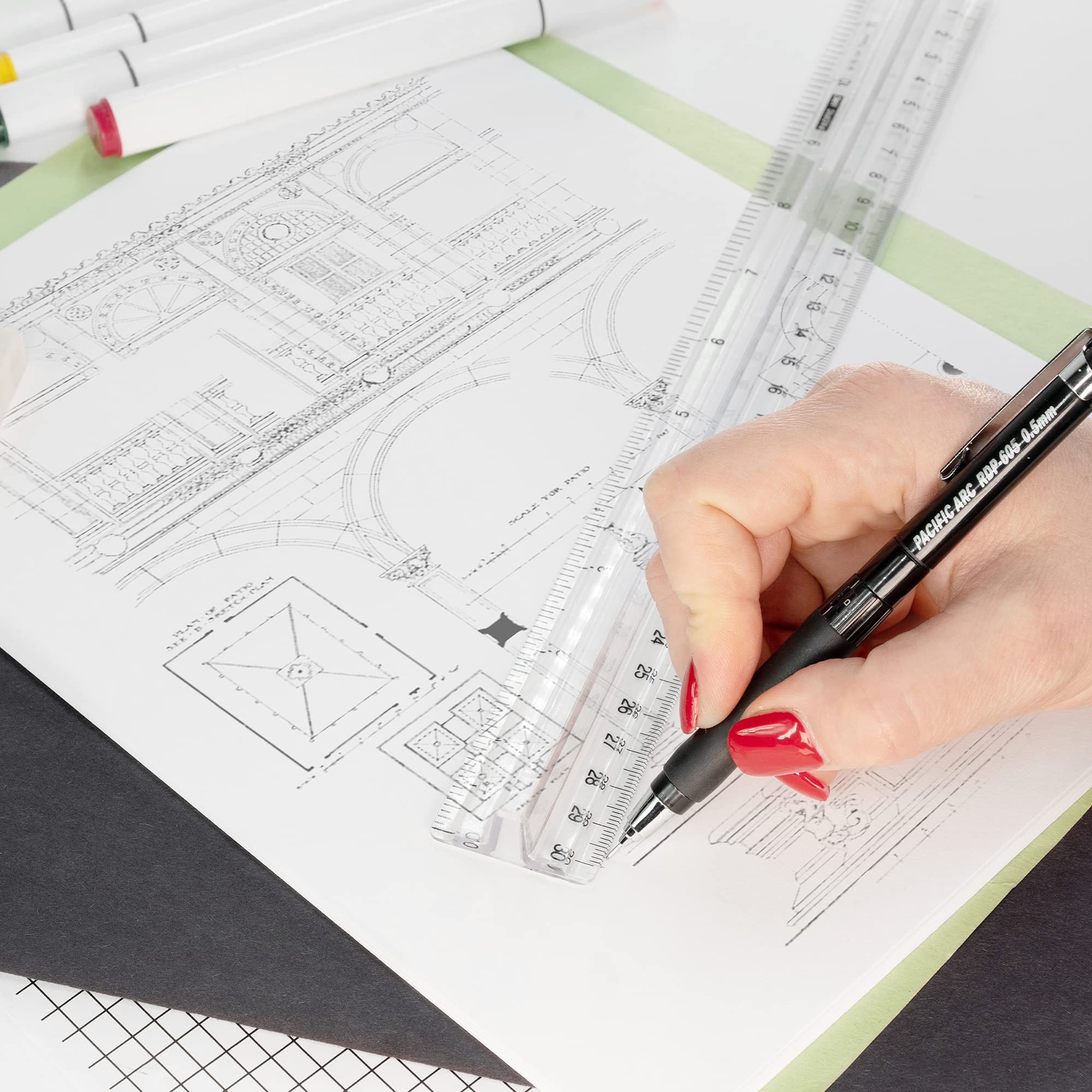 Pacific Arc - Finger Grip Ruler - 12 inch - Inch and Metric - Clear - Easy Drafting on Parallel Bars, Engineering, Architecture and Students Tools, Easy Grip.