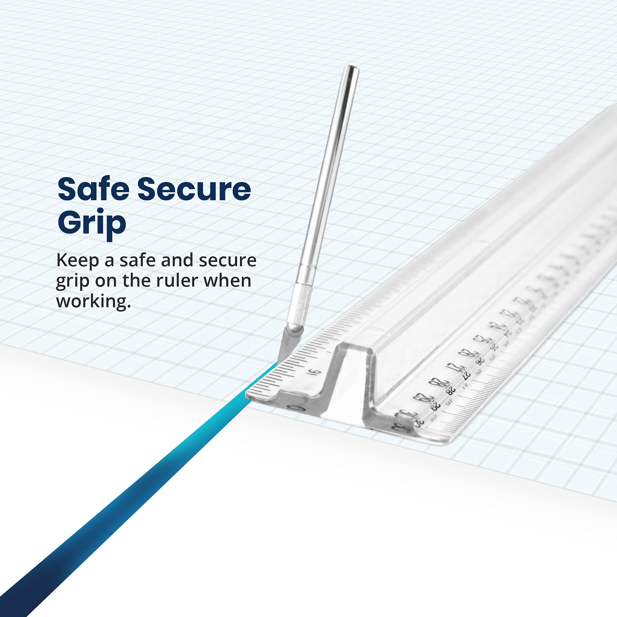 Pacific Arc - Finger Grip Ruler - 12 inch - Inch and Metric - Clear - Easy Drafting on Parallel Bars, Engineering, Architecture and Students Tools, Easy Grip.