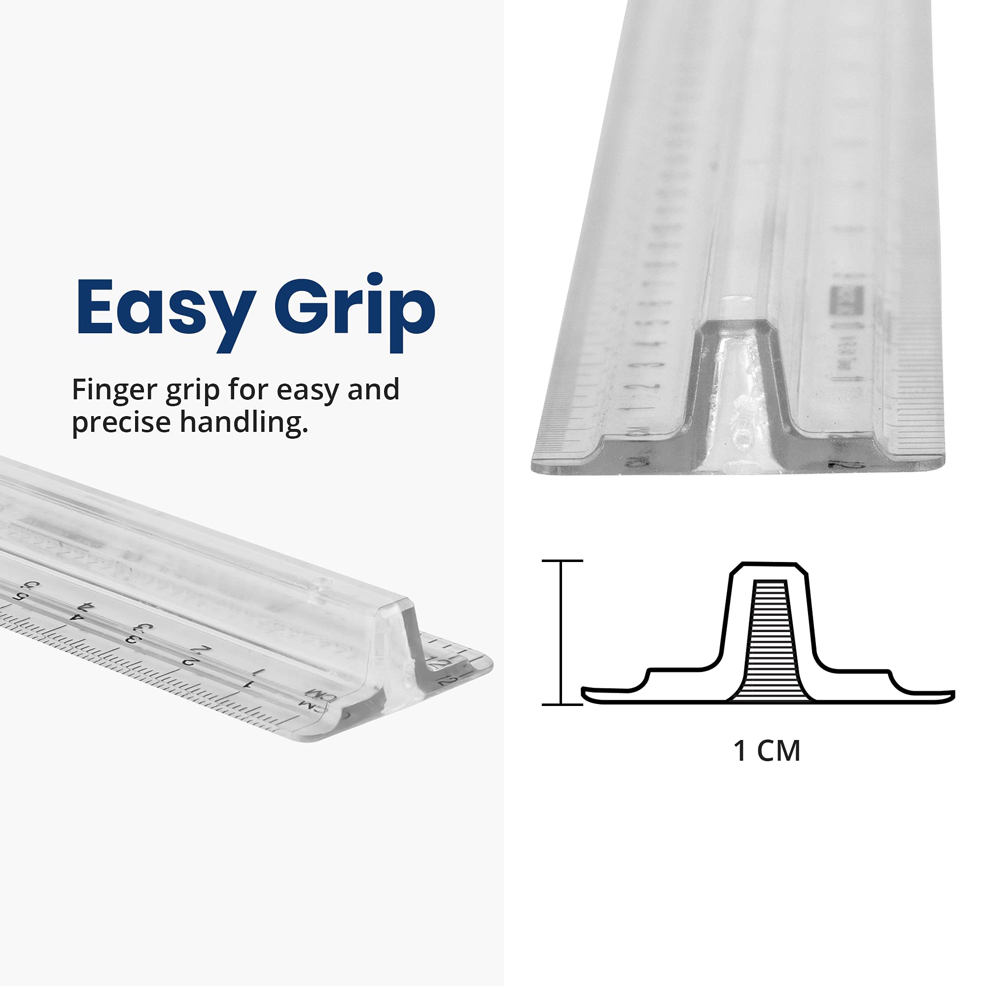 Pacific Arc - Finger Grip Ruler - 12 inch - Inch and Metric - Clear - Easy Drafting on Parallel Bars, Engineering, Architecture and Students Tools, Easy Grip.