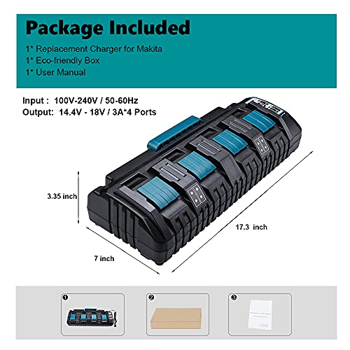 DC18SF 4-Port 12A Compatible with Makita Battery Charger, WaxPar DC18SF 18V Rapid Charger Compatible with Makita 14.4V-18V Li-ion Battery BL1830 BL1840, Replace for DC18RC DC18RD DC18RA Charger