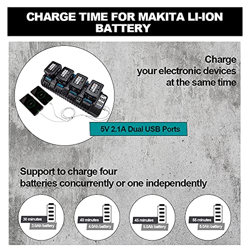 DC18SF 4-Port 12A Compatible with Makita Battery Charger, WaxPar DC18SF 18V Rapid Charger Compatible with Makita 14.4V-18V Li-ion Battery BL1830 BL1840, Replace for DC18RC DC18RD DC18RA Charger