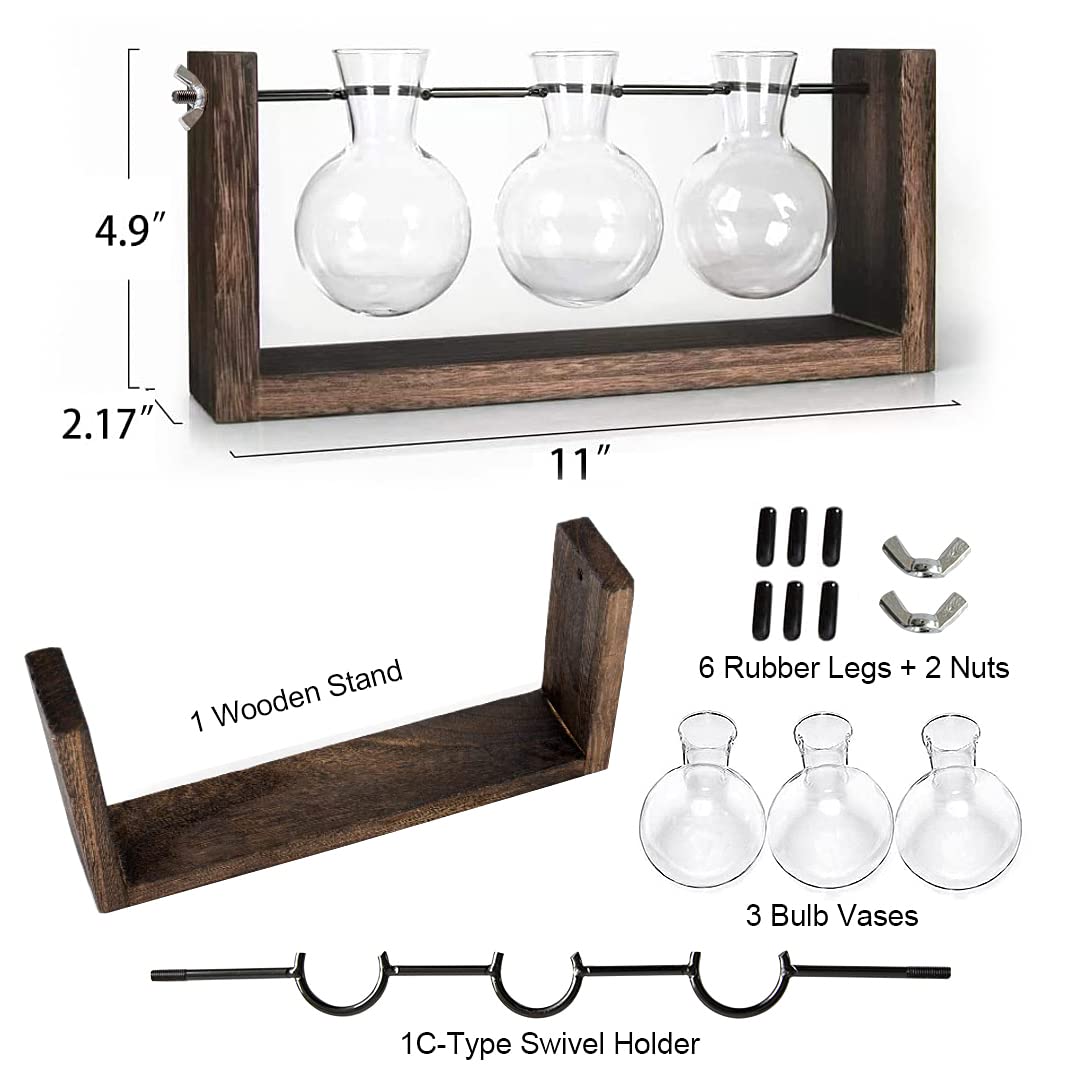 Ivolador Plant Terrarium, Wall Hanging Glass Planter with Wooden Stand Tabletop Propagation Station with Metal Swivel Holder Retro Rack 3 Bulb Containers for Hydroponics Plants Home Office Decor