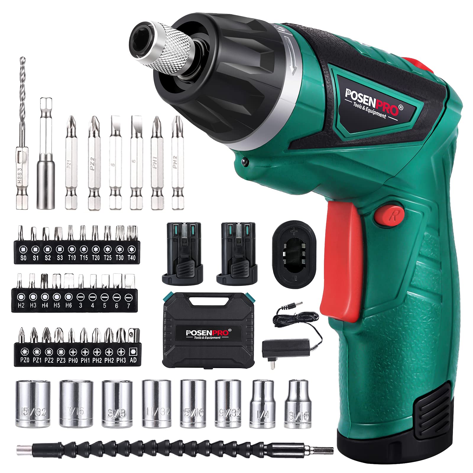 POSENPRO Cordless Electric Screwdriver wtih 2 Battery, 7.2V Rechargeable Power Screwdriver with 48 pcs Accessories, Screw Gun with 6+1 Torque Setting & Twistable Handle for Home DIY, BMC Packing