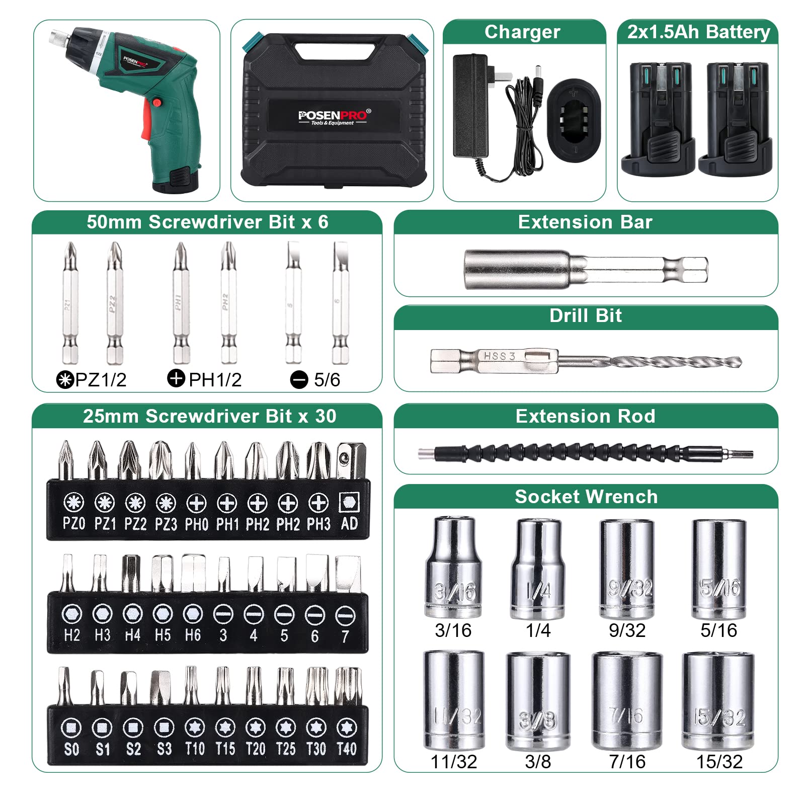 POSENPRO Cordless Electric Screwdriver wtih 2 Battery, 7.2V Rechargeable Power Screwdriver with 48 pcs Accessories, Screw Gun with 6+1 Torque Setting & Twistable Handle for Home DIY, BMC Packing