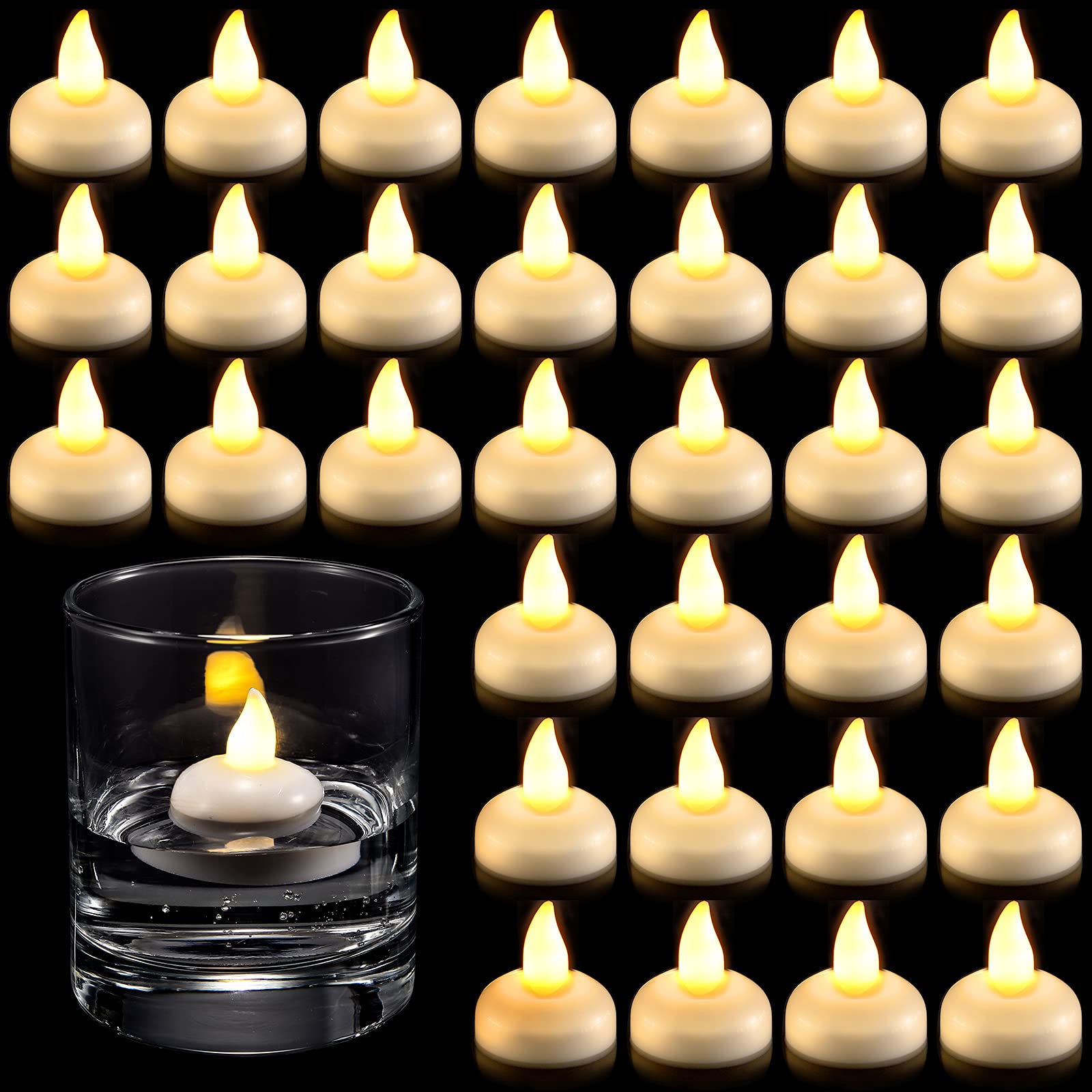 Honoson 24 Pcs Valentine's Day Flameless Floating Candles Waterproof Floating Tea Lights Warm White LED Battery Flickering Electric Tealights for Valentines Centerpiece Decor(Yellow)