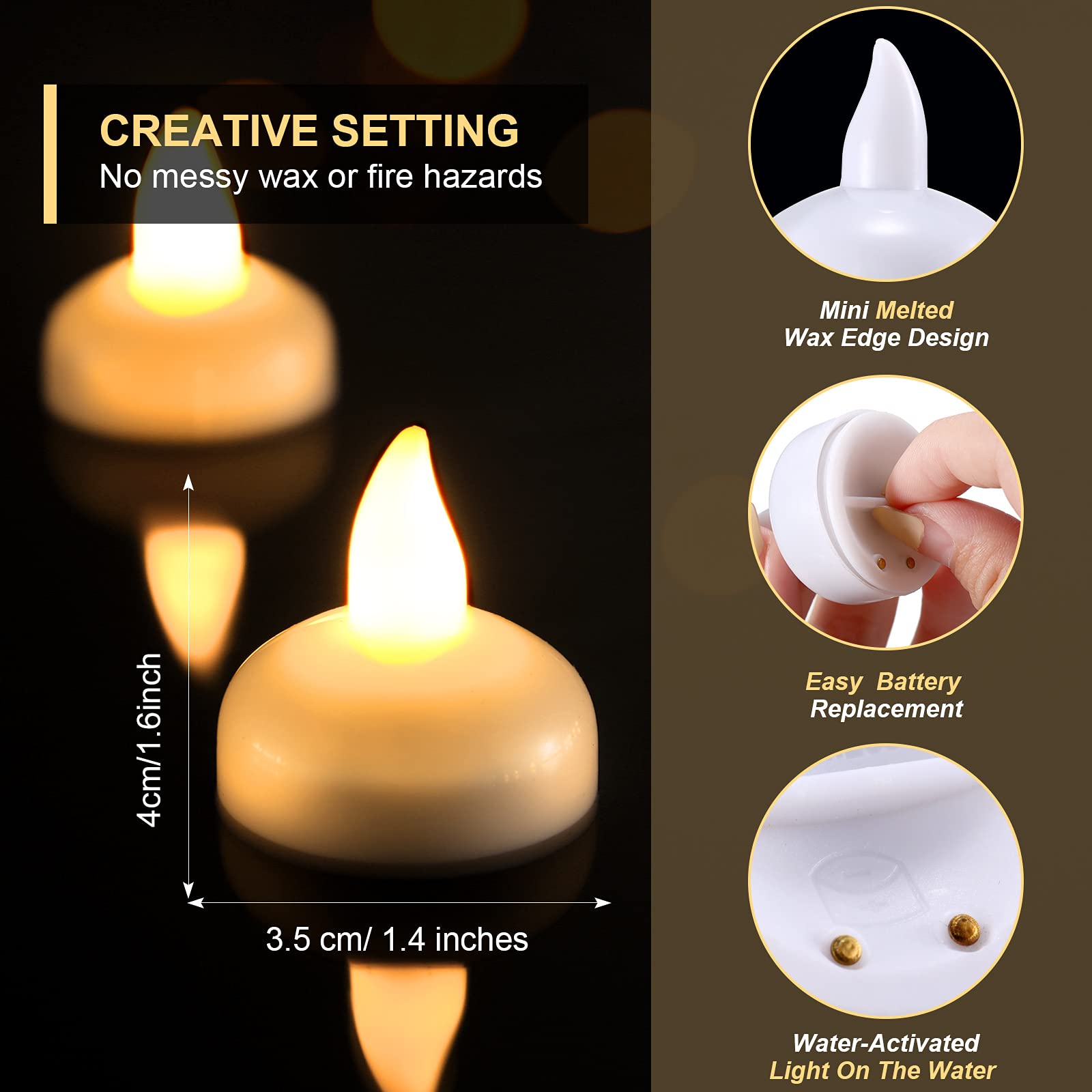 Honoson 24 Pcs Valentine's Day Flameless Floating Candles Waterproof Floating Tea Lights Warm White LED Battery Flickering Electric Tealights for Valentines Centerpiece Decor(Yellow)