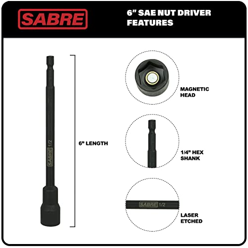 Sabre Tools 8 Piece SAE Impact Magnetic Nut Driver Set – 6 Inch Length, 1/4 Inch Hex Shank, Magnetic Socket Tip (8 Piece SAE Set)