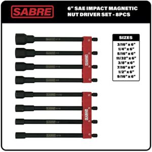 Sabre Tools 8 Piece SAE Impact Magnetic Nut Driver Set – 6 Inch Length, 1/4 Inch Hex Shank, Magnetic Socket Tip (8 Piece SAE Set)