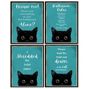 teal blue bathroom wall decor - funny cat bathroom decor - bathroom rules decorations for women, kitty, kitten, animal lovers - guest bathroom - restroom sign - bath wall decor - powder room wall art