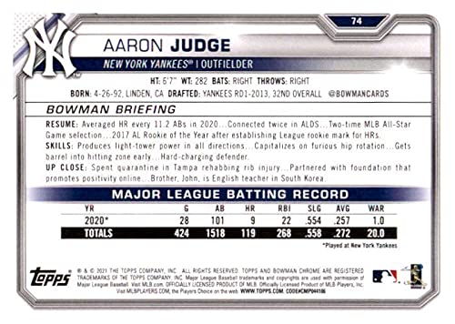 2021 Bowman #74 Aaron Judge NM-MT Yankees