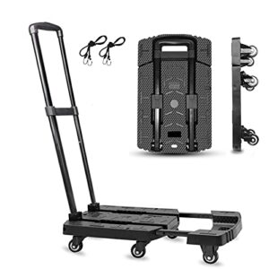 customylife folding hand truck foldable dolly luggage cart,440lbs heavy duty with 6 wheels, 2 bungee ropes and stretchable platform, compact and utility trolly for office,shopping,moving,and travel