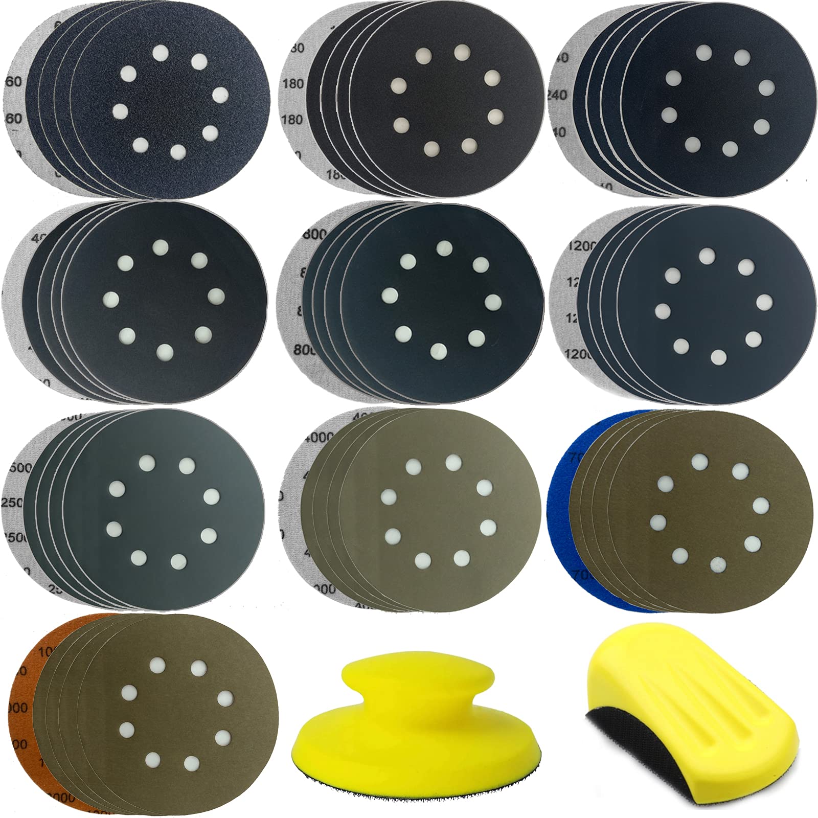 50pcs Sandpaper 8 Hole 5 inch Sanding Discs Hook and Loop 60/180/240/400/800/1200/2500/4000/7000/10000 Grits with Hand Sander for Automotive Metal Polishin