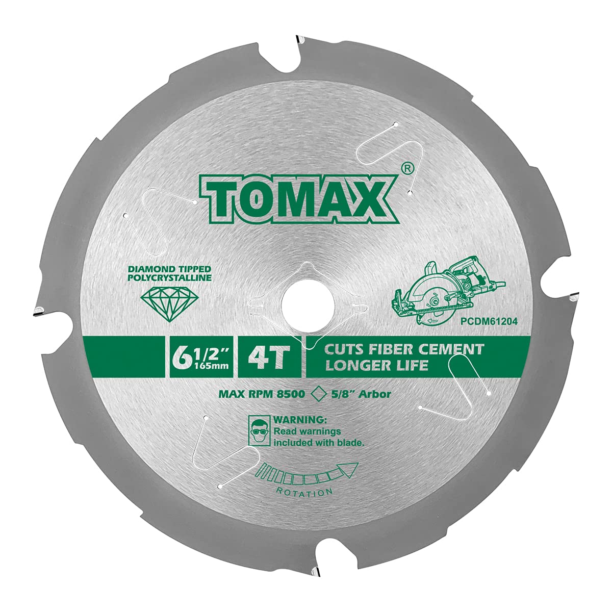 TOMAX PCDM61204 6-1/2 Inch 4 Tooth Polycrystalline Diamond Tipped (PCD) Hardie Fiber Cement Saw Blade with 5/8-Inch DMK Arbor