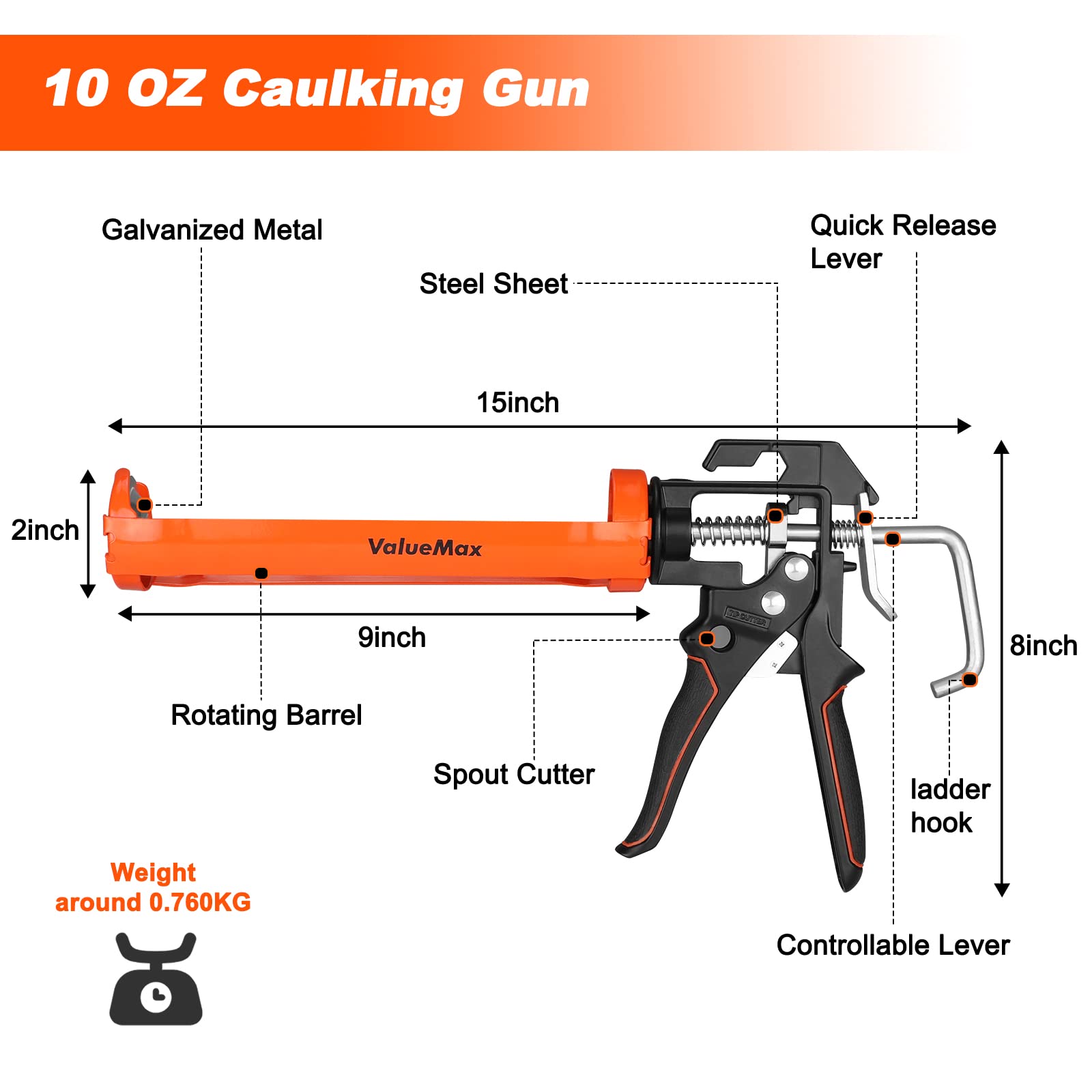 ValueMax Caulk Gun, 9 Inch Silicone Sealant Caulk Gun for Caulking/Filling/Sealing, Trigger Comfort Grip and Iron Smooth Rod, Ideal for Tiles, Window Joints, 8:1 Thrust Ratio