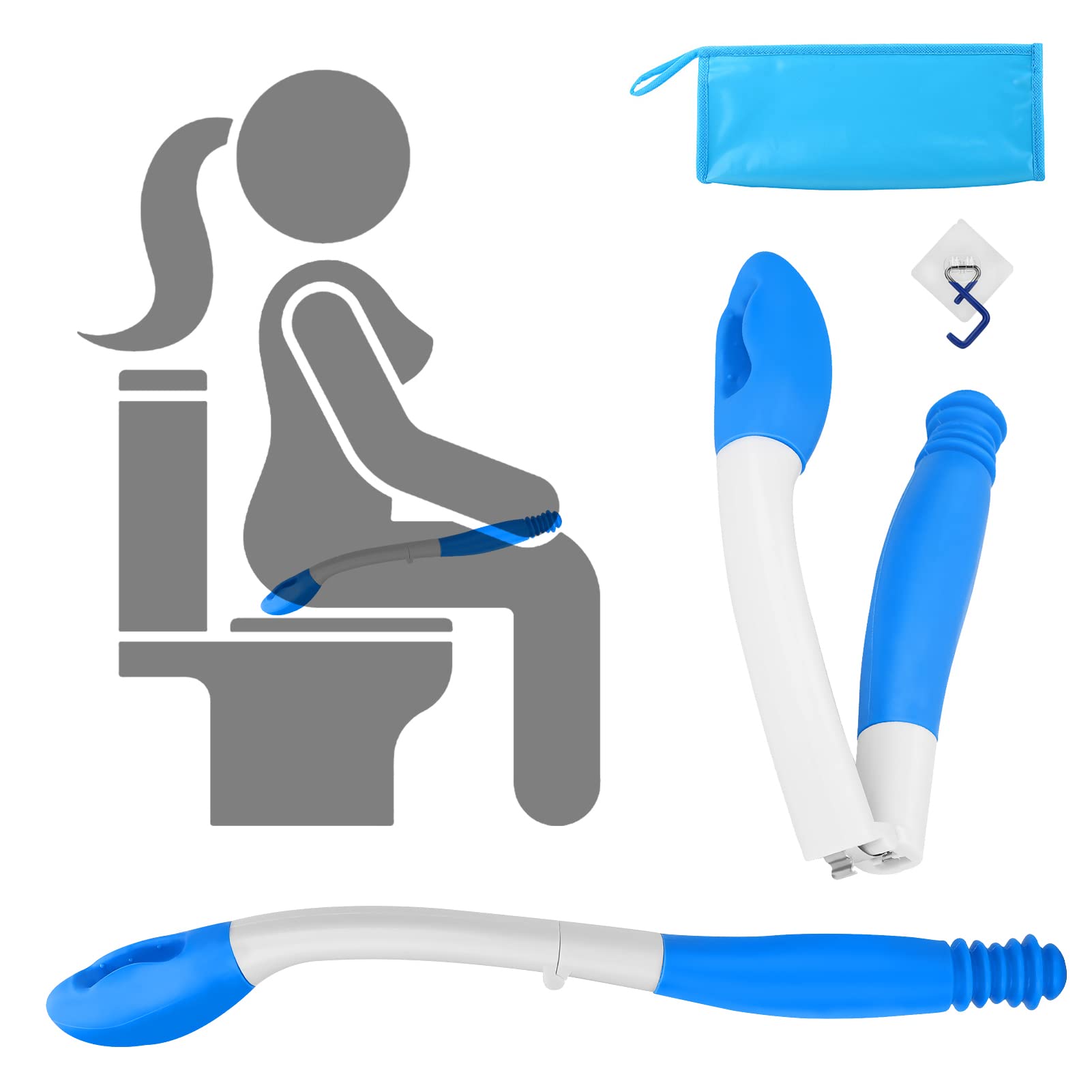 Foldable Toilet Aids for Wiping, Jhua 15.7" Long Reach Comfort Wipe Bottom Grips with Hook, Toilet Paper Aids Tools Tissue Grip Self Wipe Assist Holder, Blue