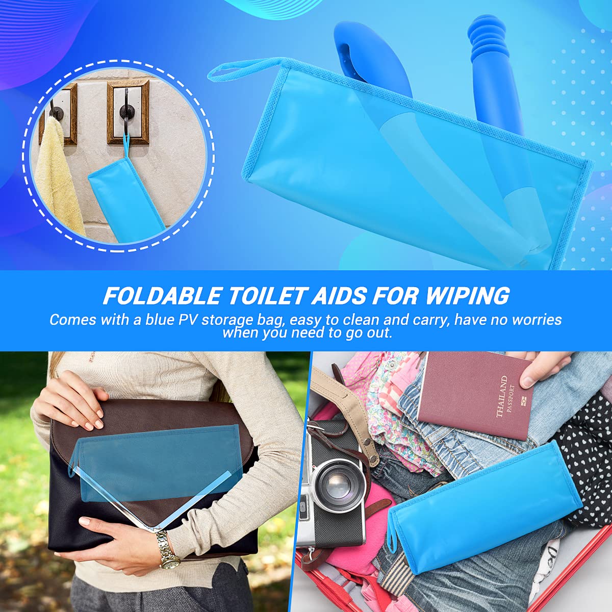 Foldable Toilet Aids for Wiping, Jhua 15.7" Long Reach Comfort Wipe Bottom Grips with Hook, Toilet Paper Aids Tools Tissue Grip Self Wipe Assist Holder, Blue